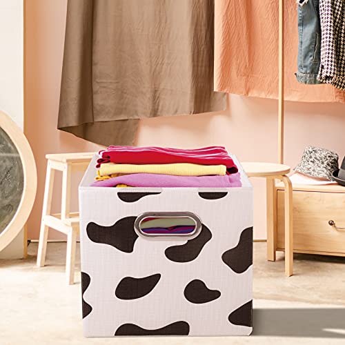 ANMINY 2PCS Storage Cubes Set Cow Print Large Cotton Linen Storage Bins Boxes Baskets with Handles PP Plastic Board Foldable Desktop Closet Shelf Organizer Container for Home Office - 11"x 11"x 11"