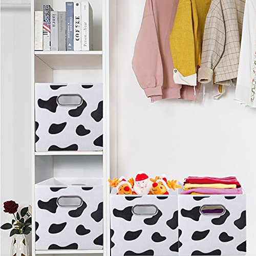 ANMINY 2PCS Storage Cubes Set Cow Print Large Cotton Linen Storage Bins Boxes Baskets with Handles PP Plastic Board Foldable Desktop Closet Shelf Organizer Container for Home Office - 11"x 11"x 11"