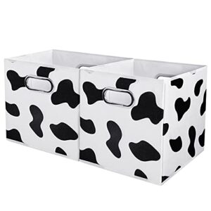 ANMINY 2PCS Storage Cubes Set Cow Print Large Cotton Linen Storage Bins Boxes Baskets with Handles PP Plastic Board Foldable Desktop Closet Shelf Organizer Container for Home Office - 11"x 11"x 11"