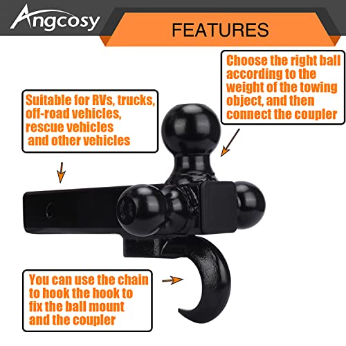 ANGCOSY Triple Ball Mount with Hook, 1-7/8”, 2” and 2-5/16” Tri-Ball Hitch Balls, Hollow Shank, Fits for 2” Receiver, 10,000 lbs