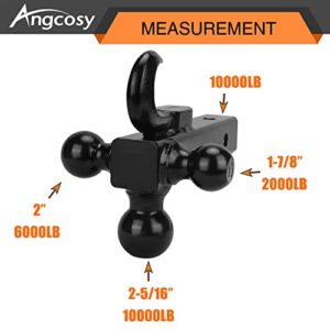 ANGCOSY Triple Ball Mount with Hook, 1-7/8”, 2” and 2-5/16” Tri-Ball Hitch Balls, Hollow Shank, Fits for 2” Receiver, 10,000 lbs