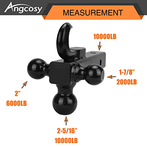 ANGCOSY Triple Ball Mount with Hook, 1-7/8”, 2” and 2-5/16” Tri-Ball Hitch Balls, Hollow Shank, Fits for 2” Receiver, 10,000 lbs