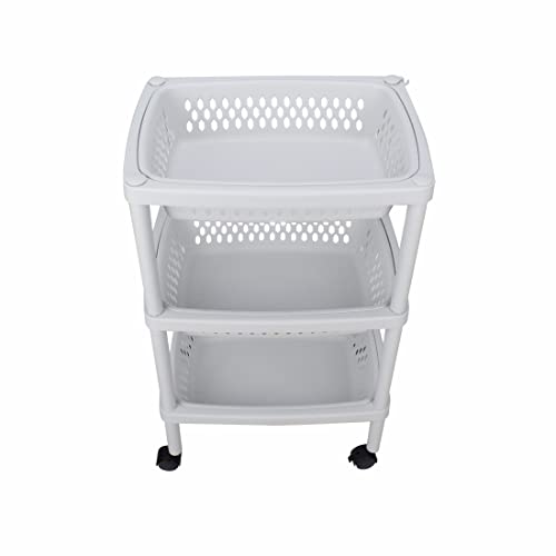 Ruishetop 3 Layers Plastic Rolling Storage Cart Vegetable Organizer Shelf Rack Storage Tower Utility Cart with Wheels and Removable Baskets, for Kitchen Laundry Room Bathroom Office Home (White)