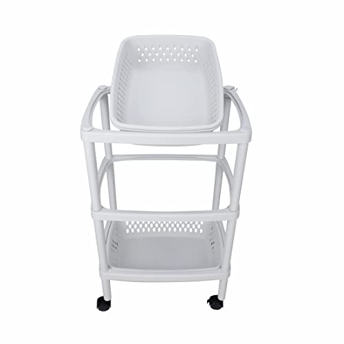 Ruishetop 3 Layers Plastic Rolling Storage Cart Vegetable Organizer Shelf Rack Storage Tower Utility Cart with Wheels and Removable Baskets, for Kitchen Laundry Room Bathroom Office Home (White)