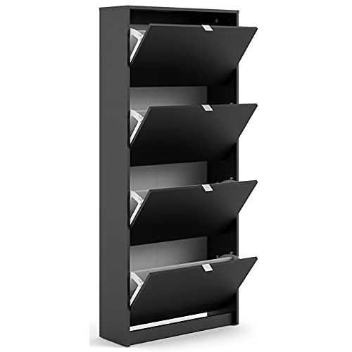 Pemberly Row Modern 4 Drawer Shoe Cabinet, 24-Pair Shoe Rack Storage Organizer in Black Matte