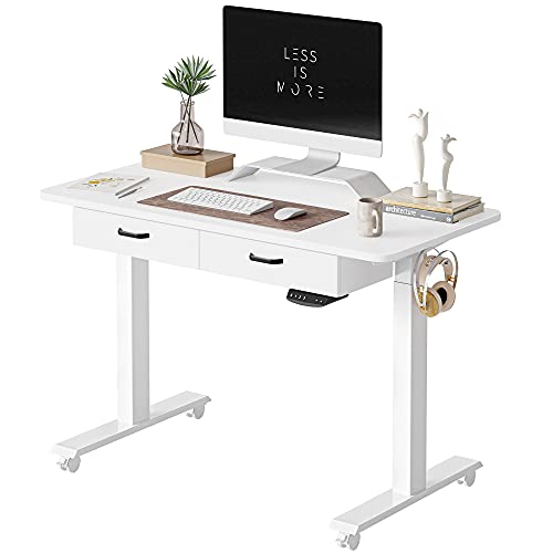 FEZIBO Adjustable Height Electric Standing Desk with Double Drawer, 48 x 24 Inches Stand Up Home Office Desk with Splice Tabletop, White Frame/White Top