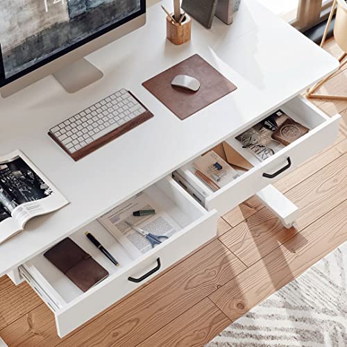 FEZIBO Adjustable Height Electric Standing Desk with Double Drawer, 48 x 24 Inches Stand Up Home Office Desk with Splice Tabletop, White Frame/White Top