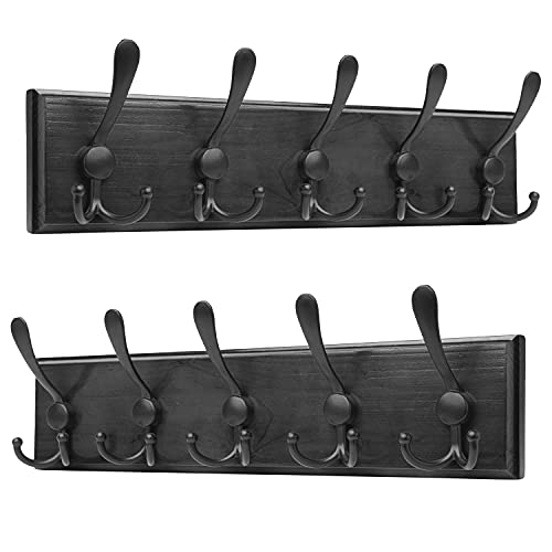 Hat Rack for Wall, Coat Rack Wall Mount Heavy Duty, 5 Double Coat Rack Hooks Set of 2, Wooden Base, Metal Coat Hook Rail for Coat, Hat, Key, ect.