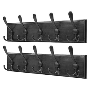 Hat Rack for Wall, Coat Rack Wall Mount Heavy Duty, 5 Double Coat Rack Hooks Set of 2, Wooden Base, Metal Coat Hook Rail for Coat, Hat, Key, ect.