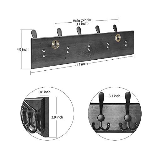 Hat Rack for Wall, Coat Rack Wall Mount Heavy Duty, 5 Double Coat Rack Hooks Set of 2, Wooden Base, Metal Coat Hook Rail for Coat, Hat, Key, ect.