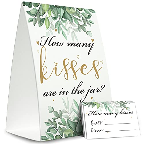 Guess How Many Kisses Are in the Jar Game (1 Standing Sign + 50 Guessing Cards),Greenery Golden,Bridal Shower Sign,Baby Shower Sign - H07