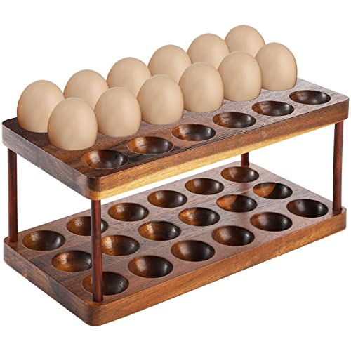 YOUEON Acacia Wooden Egg Holder with Double Layers, Wooden Egg Tray Holds 36 Fresh Egg, Deviled Egg Tray Egg Storage for Fresh Egg, Kitchen Organization, Countertop Display, Refrigerator Storage