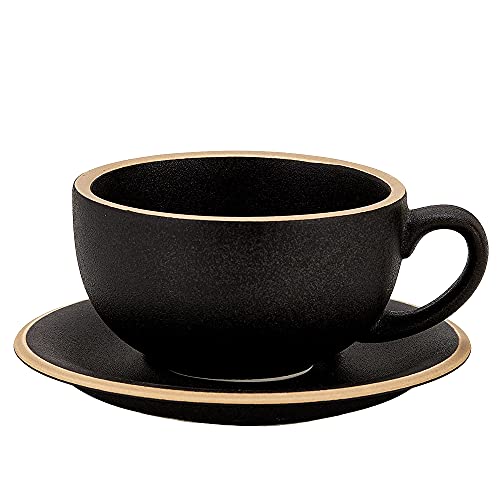 Coffeezone Vintage Design 12 oz Ceramic Latte Art Cappuccino Barista Cup with Saucer (Rough Black)