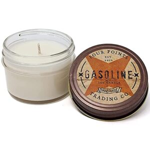 gasoline scented candle 4 oz - soy aromatherapy candle with jar - great fun gifts for birthday, anniversary, christmas, new year, house warming and more - four points trading co.