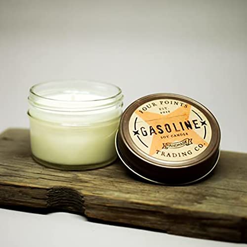 Gasoline Scented Candle 4 oz - Soy Aromatherapy Candle with Jar - Great Fun Gifts for Birthday, Anniversary, Christmas, New Year, House Warming and More - Four Points Trading Co.