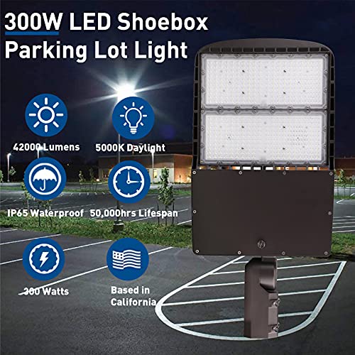 OSTEK 300W LED Parking Lot Lights with Dusk-to-Dawn Photocell, Outdoor Commercial Area Lighting Fixture 42000LM - Waterproof IP65 5000K LED Shoebox Light with Slip Fitter Mount 100-277V