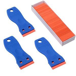 plastic razor blades scraper, 3pcs plastic scraper 100pcs blades, putty knife scratch-proof, car glass windows tile desktop cleaning tool, for glue labels stickers decals (plastic)