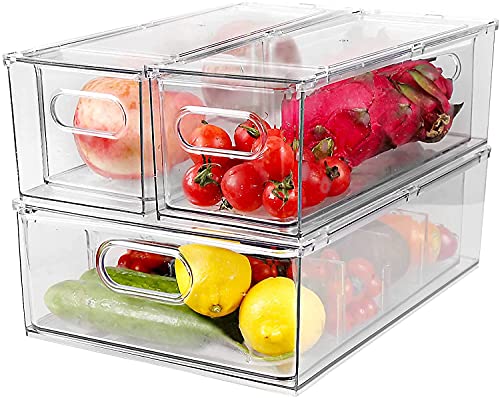 3 Pack Refrigerator Organizer Bins with Pull-out Drawer, Large Stackable Fridge Drawer Organizer Set with Handle, BPA-free Drawable Clear Storage Cases for Freezer, Cabinet, Kitchen, Pantry Organization