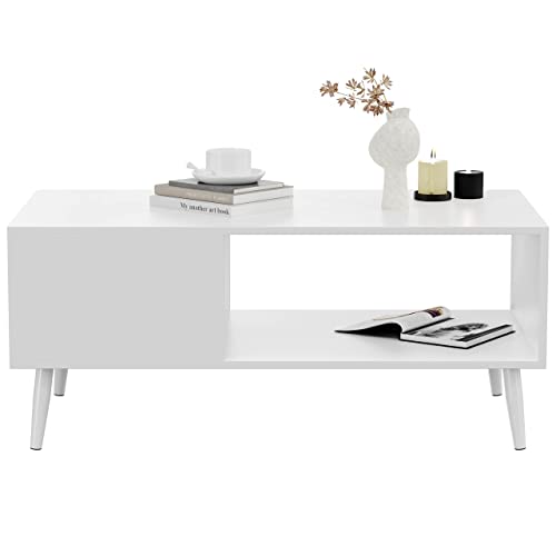 Yusong Modern Wood Coffee Table for Living Room, Retro Mid-Century Center Tables Cocktail Table with Storage Shelf for Reception, White