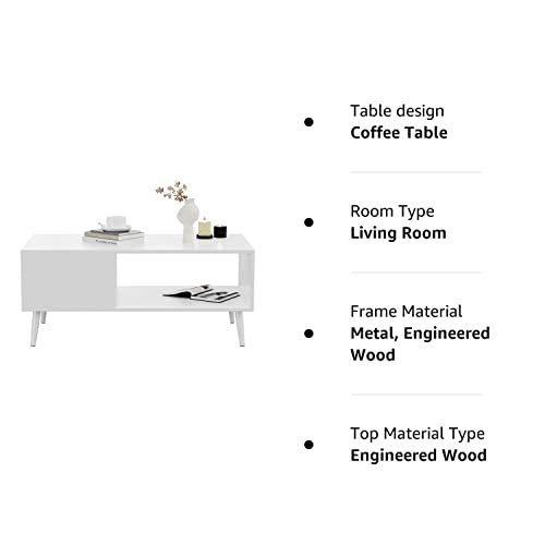 Yusong Modern Wood Coffee Table for Living Room, Retro Mid-Century Center Tables Cocktail Table with Storage Shelf for Reception, White