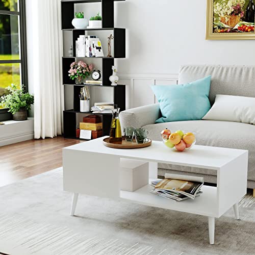 Yusong Modern Wood Coffee Table for Living Room, Retro Mid-Century Center Tables Cocktail Table with Storage Shelf for Reception, White