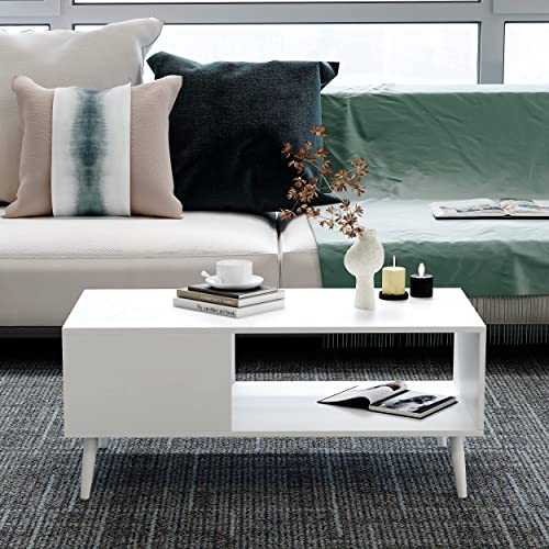 Yusong Modern Wood Coffee Table for Living Room, Retro Mid-Century Center Tables Cocktail Table with Storage Shelf for Reception, White