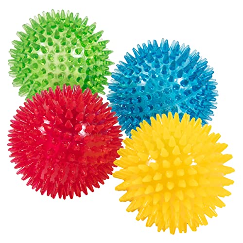 dipperdap 3.5” Spikey Dog Balls (4 Pack) Squeaky Dog Toys | Cleans Teeth for Healthier Gums | Non-Toxic BPA-Free Dog Toys for Aggressive Chewers | Spikey Balls in Red, Blue, Yellow, and Green