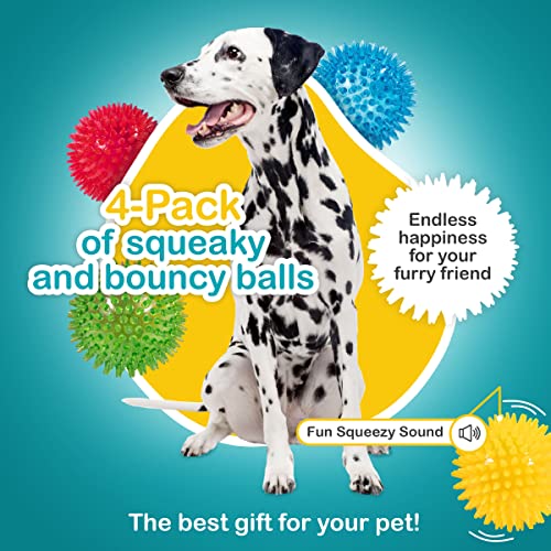 dipperdap 3.5” Spikey Dog Balls (4 Pack) Squeaky Dog Toys | Cleans Teeth for Healthier Gums | Non-Toxic BPA-Free Dog Toys for Aggressive Chewers | Spikey Balls in Red, Blue, Yellow, and Green