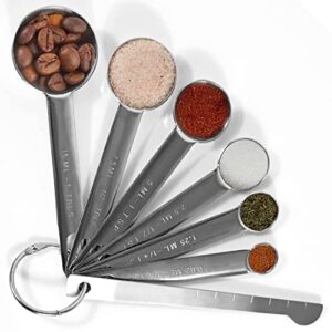 measuring spoons set, stainless steel teaspoon measuring spoons for measuring dry and liquid ingredients, tablespoon measure spoon set of 6 with bonus leveler, dishwasher safe