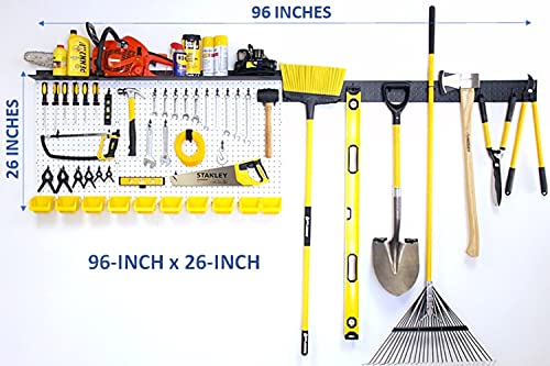 WALLPEG Pegboard Wall Organizer 48- inch Garage Pegboard Panel Organizer Utility Tool Storage Kit with Tool board Peg Hooks Accessories, Wall Mounted Storage Bins, Lawn Tool Rack Overhead Shelf (White Pegboard)