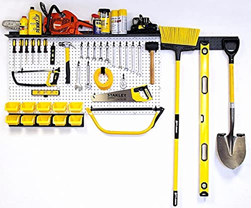 WALLPEG Pegboard Wall Organizer 48- inch Garage Pegboard Panel Organizer Utility Tool Storage Kit with Tool board Peg Hooks Accessories, Wall Mounted Storage Bins, Lawn Tool Rack Overhead Shelf (White Pegboard)