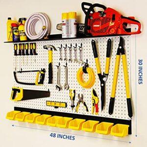 WALLPEG Pegboard Wall Organizer 48- inch Garage Pegboard Panel Organizer Utility Tool Storage Kit with Tool board Peg Hooks Accessories, Wall Mounted Storage Bins, Lawn Tool Rack Overhead Shelf (White Pegboard)