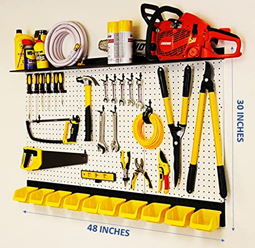 WALLPEG Pegboard Wall Organizer 48- inch Garage Pegboard Panel Organizer Utility Tool Storage Kit with Tool board Peg Hooks Accessories, Wall Mounted Storage Bins, Lawn Tool Rack Overhead Shelf (White Pegboard)