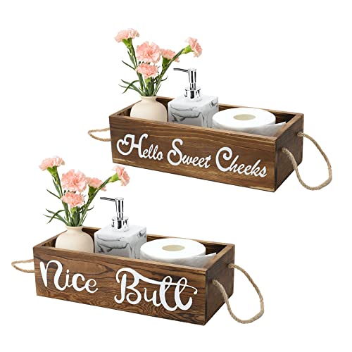 MEGREZ Bathroom Decor Box Bathroom Tray, 2 Sides Funny Saying Toilet Paper Holder, Rustic Wooden Farmhouse Decor Storage Box for Bathroom, Counter, Kitchen, Home Decor Paper Box, Sweet Cheeks