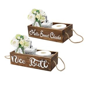 MEGREZ Bathroom Decor Box Bathroom Tray, 2 Sides Funny Saying Toilet Paper Holder, Rustic Wooden Farmhouse Decor Storage Box for Bathroom, Counter, Kitchen, Home Decor Paper Box, Sweet Cheeks