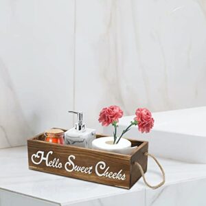 MEGREZ Bathroom Decor Box Bathroom Tray, 2 Sides Funny Saying Toilet Paper Holder, Rustic Wooden Farmhouse Decor Storage Box for Bathroom, Counter, Kitchen, Home Decor Paper Box, Sweet Cheeks