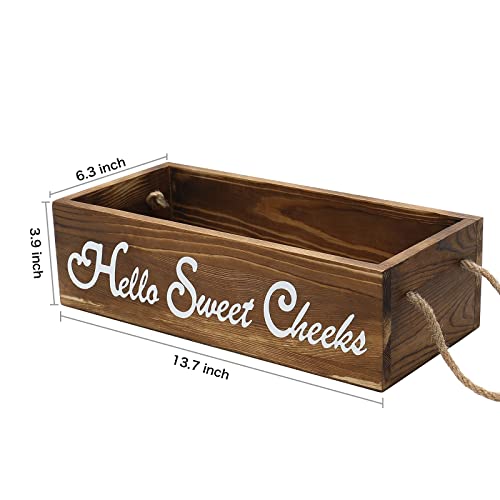 MEGREZ Bathroom Decor Box Bathroom Tray, 2 Sides Funny Saying Toilet Paper Holder, Rustic Wooden Farmhouse Decor Storage Box for Bathroom, Counter, Kitchen, Home Decor Paper Box, Sweet Cheeks