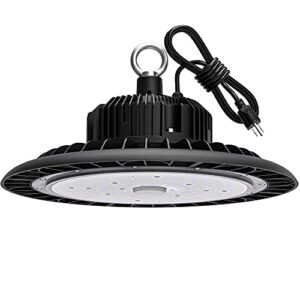 ufo led high bay light 100w 14000 lm with us plug 5ft cable, 5000k daylight, ip65 waterproof, non-dim, commercial warehouse workshop factory barn garage lowbay area lighting fixture