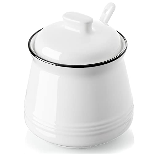 DAYYET Sugar Bowl with Lid and Spoon, 12 oz Ceramic Sugar Bowl with Spoon, Sugar Container for Coffee Bar, Sugar Jar Sugar Dispenser Bowl, Modern Kitchen Decor, White