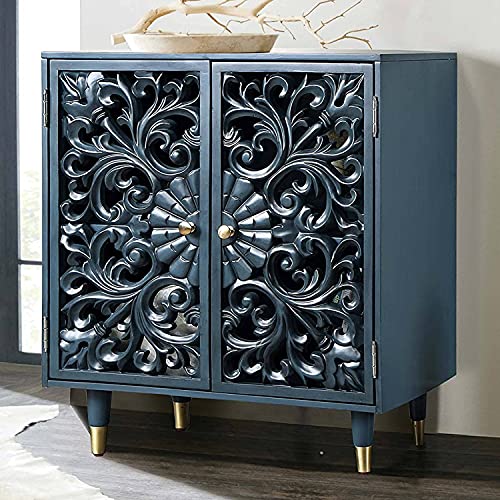 LALUZ Double Door Accent Storage Cabinet Buffet Cabinet Sideboard for Living Room Modern Hollow Carved Wood, Blue 30 Inch