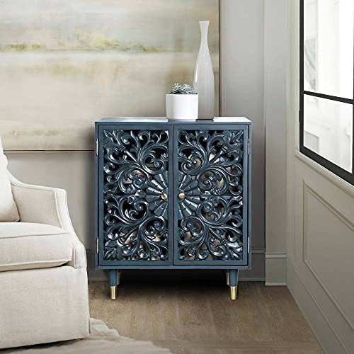 LALUZ Double Door Accent Storage Cabinet Buffet Cabinet Sideboard for Living Room Modern Hollow Carved Wood, Blue 30 Inch