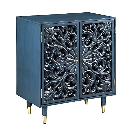 LALUZ Double Door Accent Storage Cabinet Buffet Cabinet Sideboard for Living Room Modern Hollow Carved Wood, Blue 30 Inch