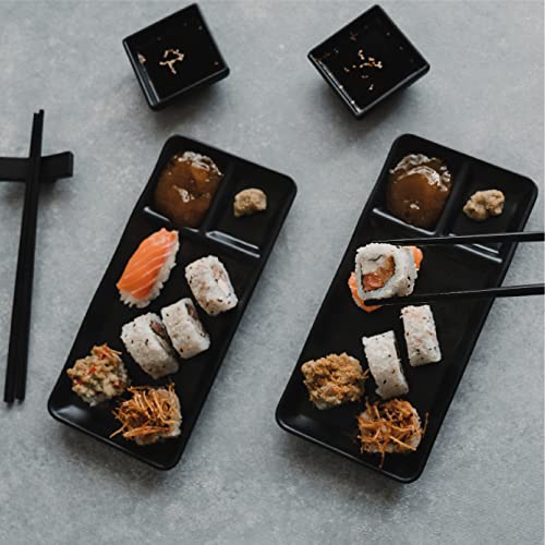 GOLIBER 16 Piece Japanese Style Sushi Plate Set - Includes 4 sushi plates and soy sauce bowls, 4 Chopsticks, 4 Chopstick Holders Sushi Set For 4 Sushi Kit - Sushi Tableware Set - Melamine Sushi Dishes