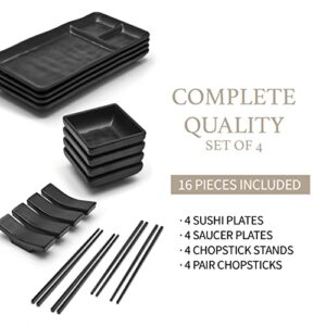 GOLIBER 16 Piece Japanese Style Sushi Plate Set - Includes 4 sushi plates and soy sauce bowls, 4 Chopsticks, 4 Chopstick Holders Sushi Set For 4 Sushi Kit - Sushi Tableware Set - Melamine Sushi Dishes