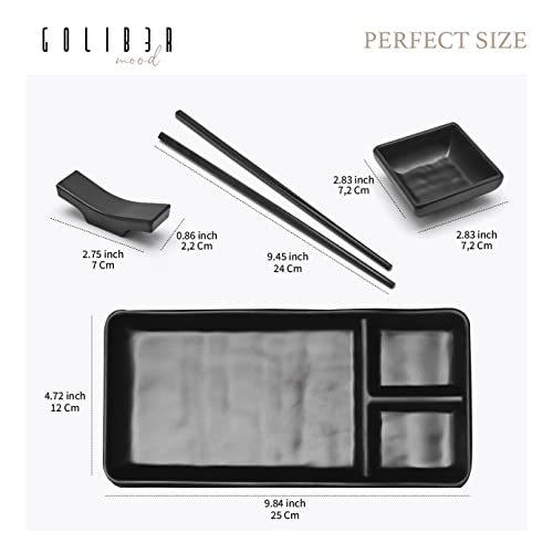 GOLIBER 16 Piece Japanese Style Sushi Plate Set - Includes 4 sushi plates and soy sauce bowls, 4 Chopsticks, 4 Chopstick Holders Sushi Set For 4 Sushi Kit - Sushi Tableware Set - Melamine Sushi Dishes