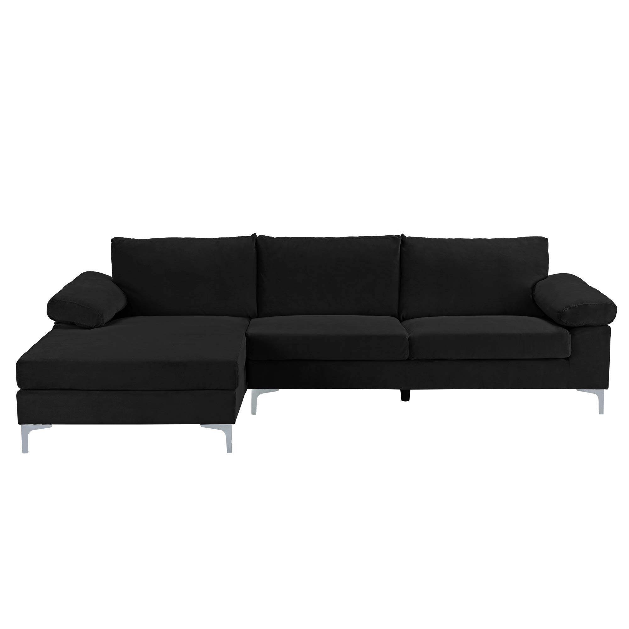 Casa Andrea Milano llc Modern Large Velvet Fabric Sectional Sofa, L-Shape Couch with Extra Wide Chaise Lounge, Coal Black