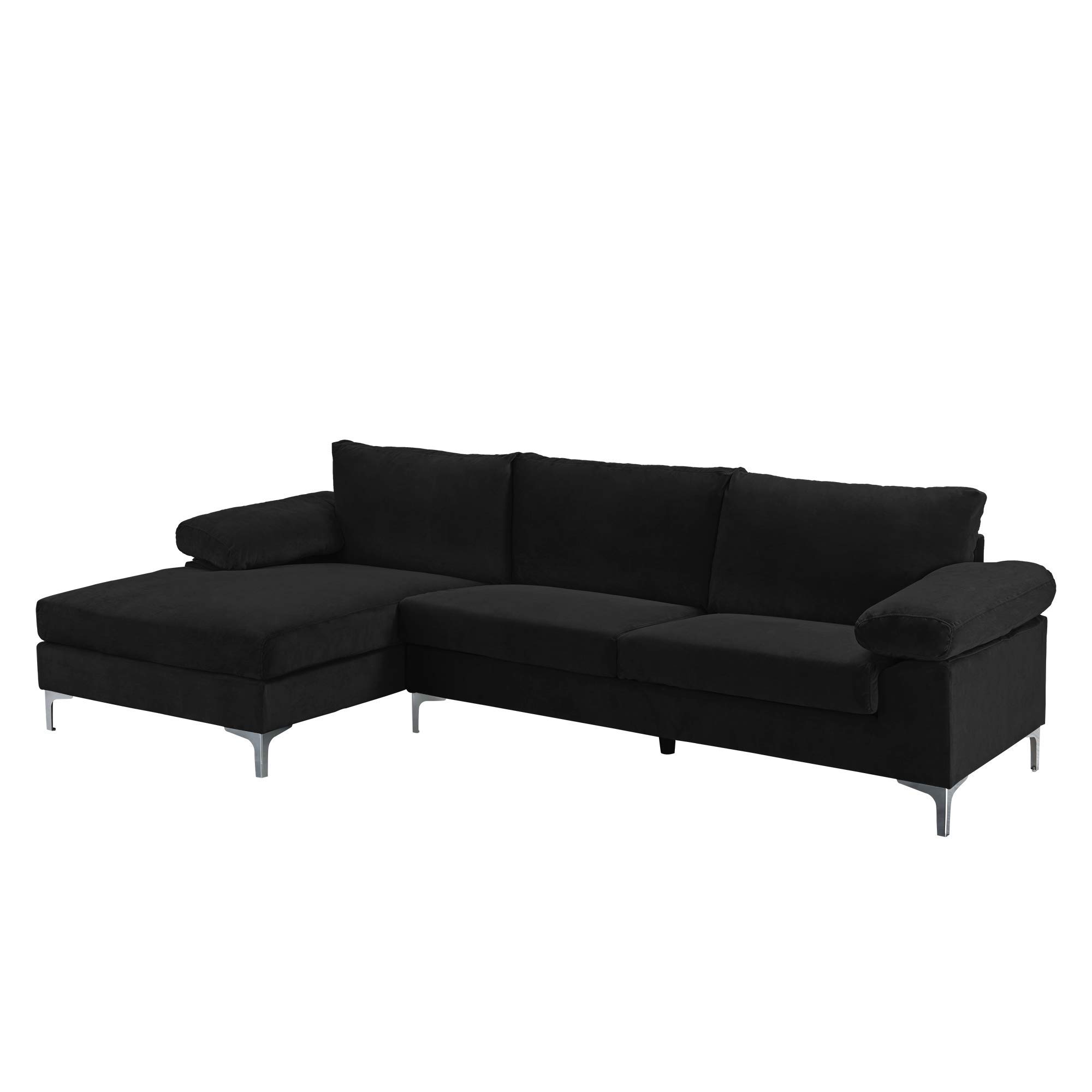 Casa Andrea Milano llc Modern Large Velvet Fabric Sectional Sofa, L-Shape Couch with Extra Wide Chaise Lounge, Coal Black