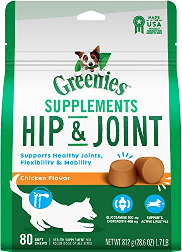 Greenies Hip & Joint Dog Supplements with Glucosamine and Chondroitin, 80-Count Chicken-Flavor Soft Chews for Adult Dogs