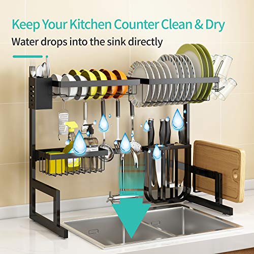 Dish Drying Rack Over Sink Adjustable (25.6"-33.5"),2 Tier Stainless Steel Length Expandable Kitchen Dish Rack,Large Dish Rack Drainer for Kitchen Organizer Storage Space Saver with 10 Utility Hooks