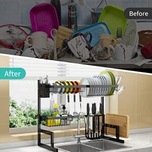 Dish Drying Rack Over Sink Adjustable (25.6"-33.5"),2 Tier Stainless Steel Length Expandable Kitchen Dish Rack,Large Dish Rack Drainer for Kitchen Organizer Storage Space Saver with 10 Utility Hooks